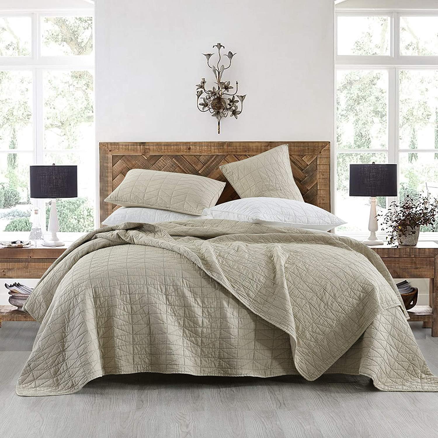 Stone-Washed Chic Rustic Beige Coverlet with Classic Triangle Stitched ...