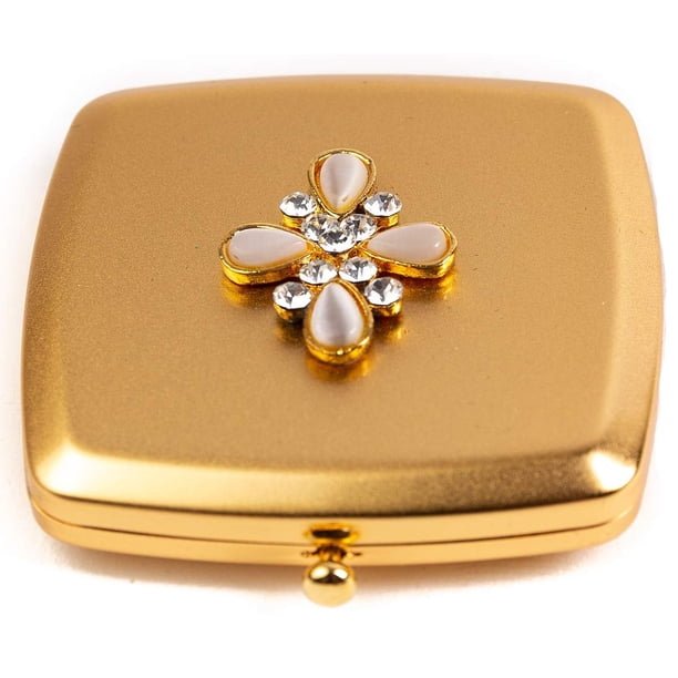Stone and Crystal Flower Folding Compact Pocket Makeup Mirror With ...