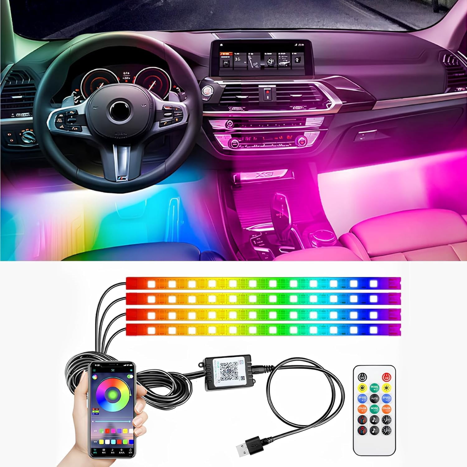StoneBanks Car Strip Lights RRF12 Interior, LED RGB USB A Under Dash ...