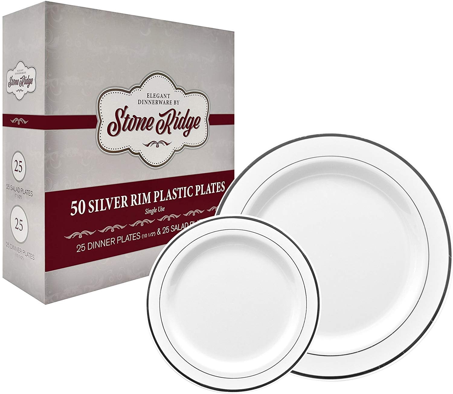 StoneRidge Classy Disposable White Plates, Silver Trim Plastic Party ...
