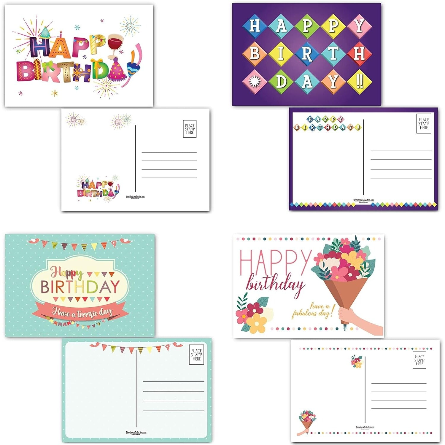 Stonehouse Collection Happy Birthday Postcards - Full Color - 4 Fun ...