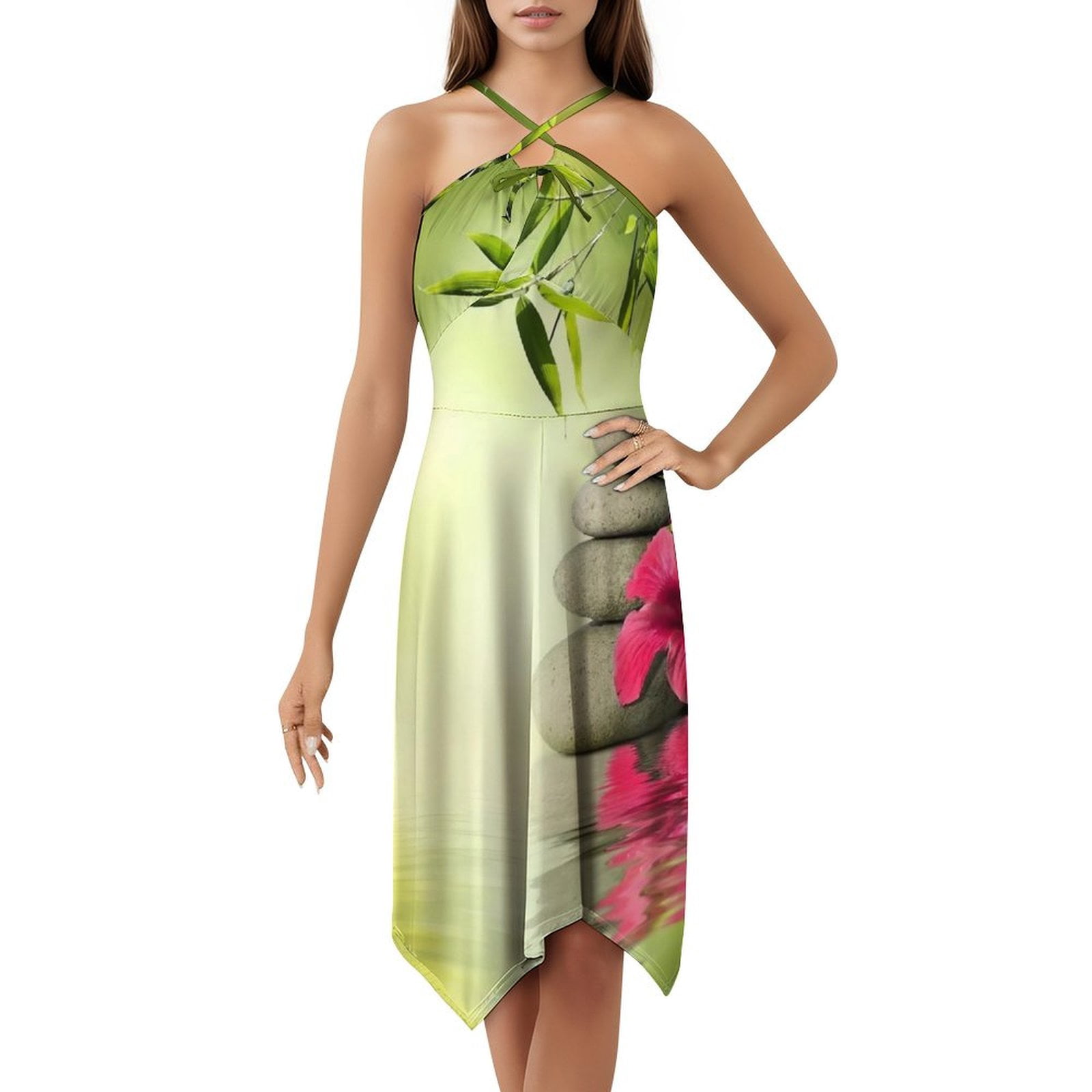 Stones Red Hibiscus And Bamboo on The Water Dress Elegant Party Dresses ...