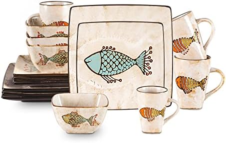 Stoneware Artisan Hand Painted Fish, 16pc Reactive Glaze Dinnerware Set ...