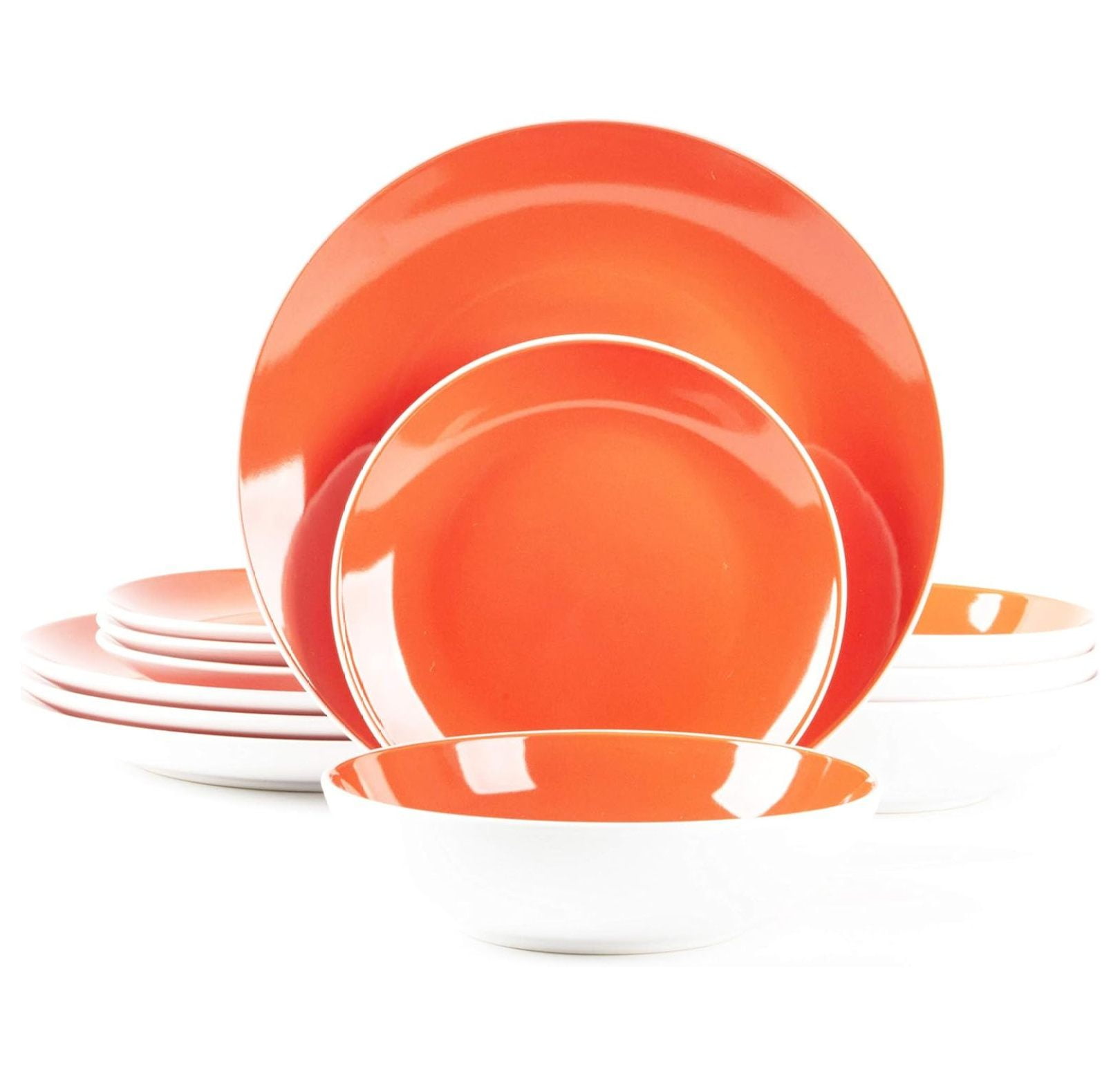 Stoneware Coupe Shape 12pc Dinnerware Set, Outside White + Inside Coral ...