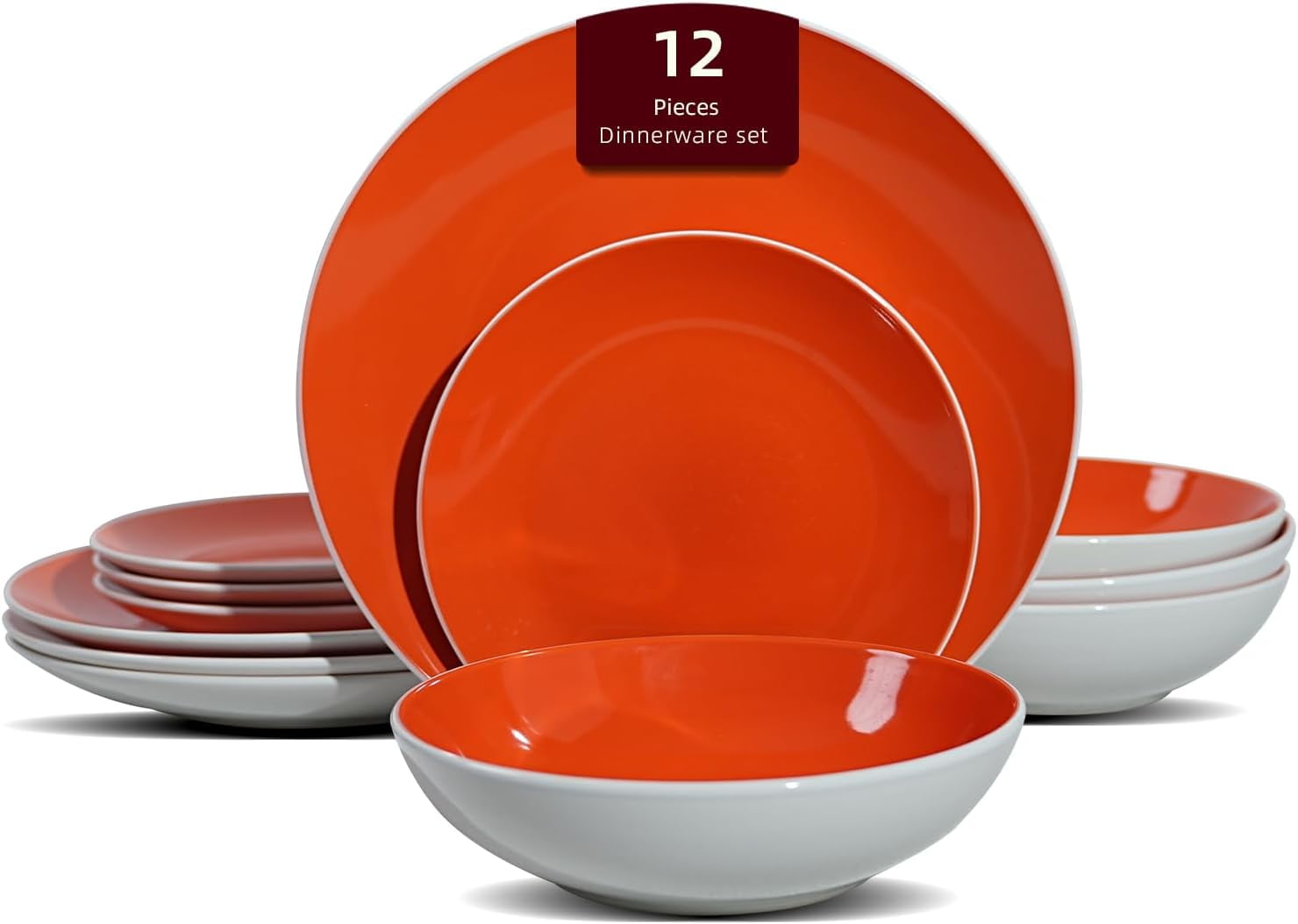 Stoneware Coupe Shape 12pc Dinnerware Set, Outside White + Inside Coral ...