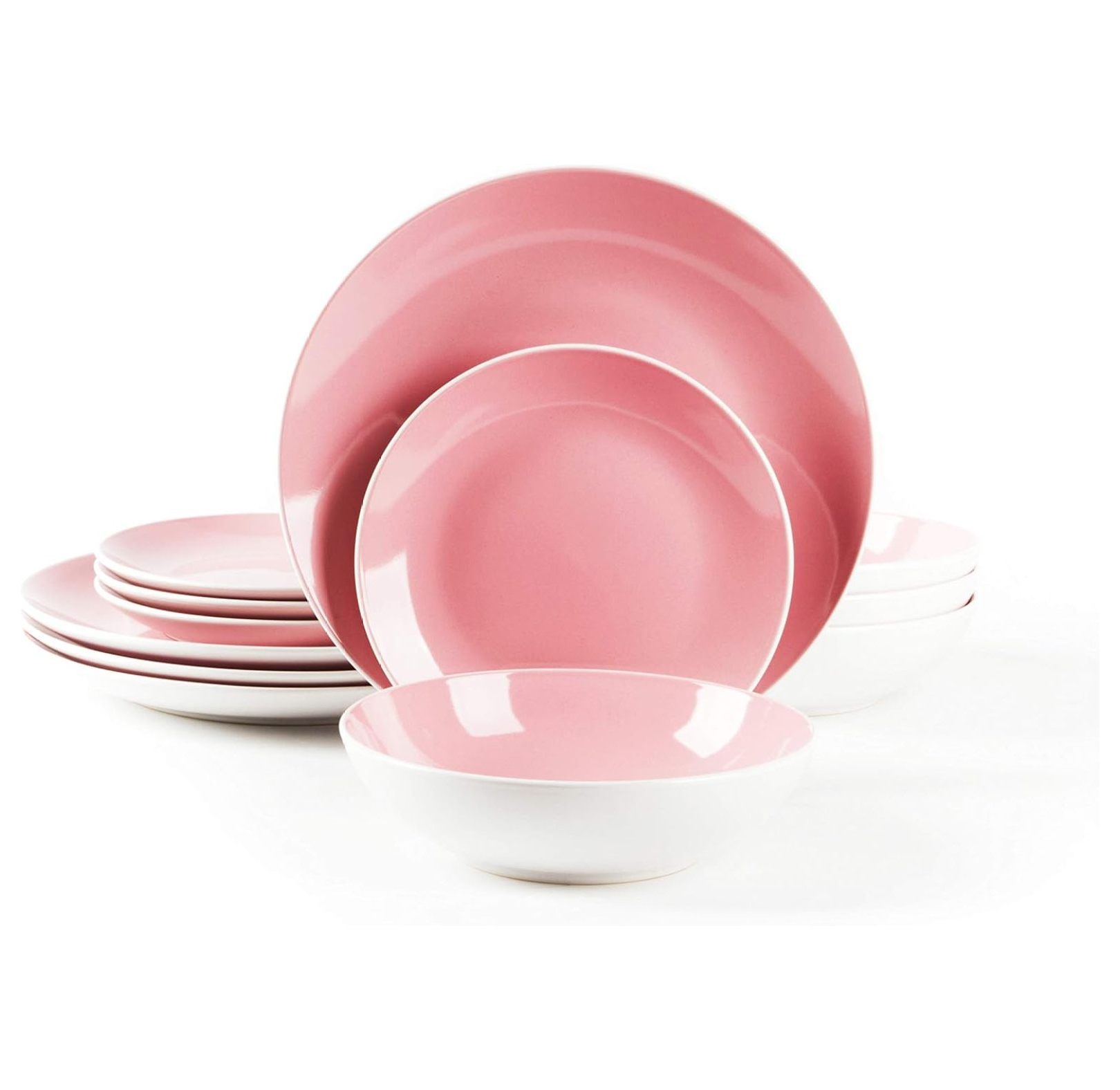 Stoneware Coupe Shape 12pc Dinnerware Set, Outside White + Inside Pink ...