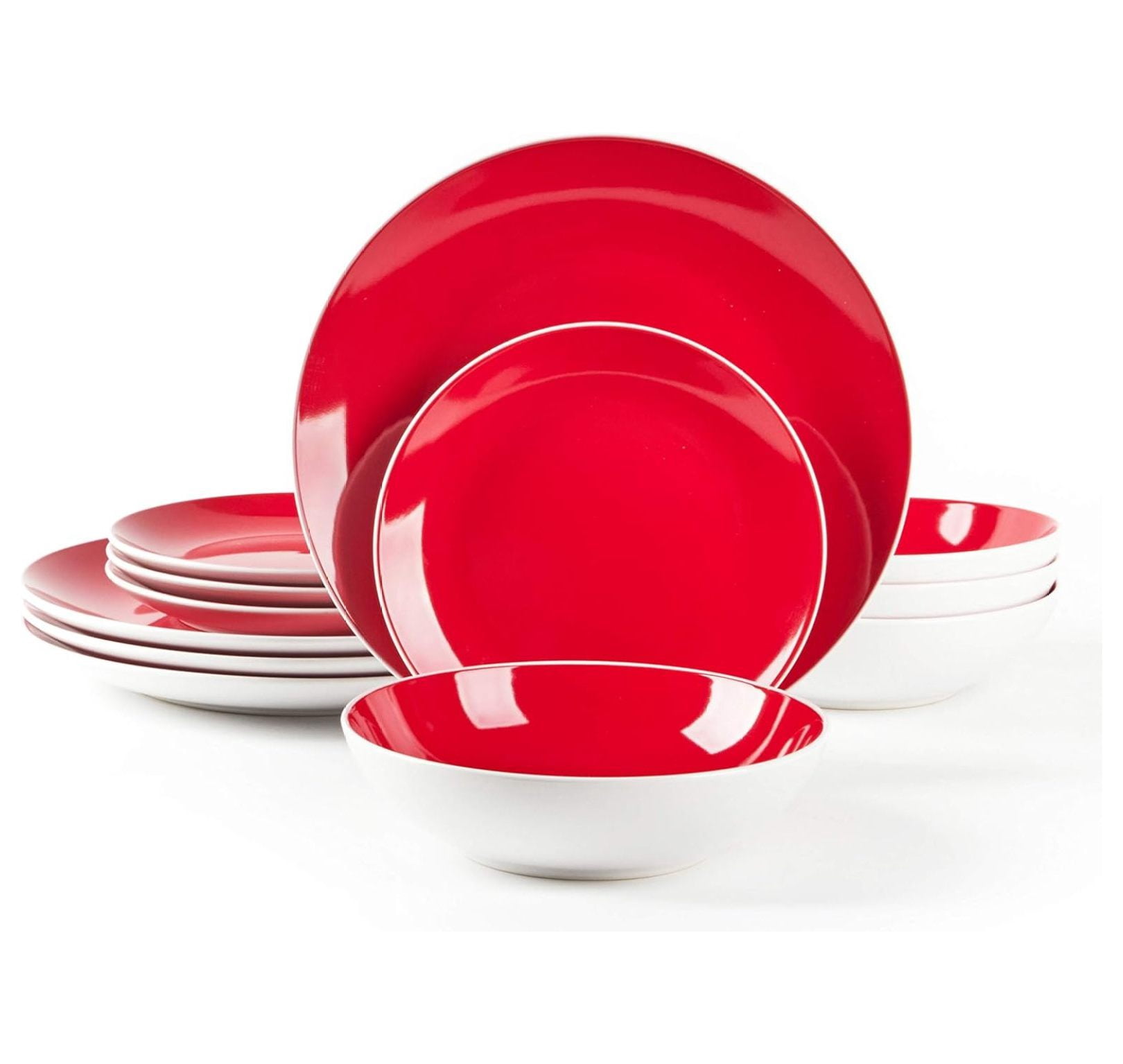 Stoneware Coupe Shape 12pc Dinnerware Set, Outside White + Inside Red ...
