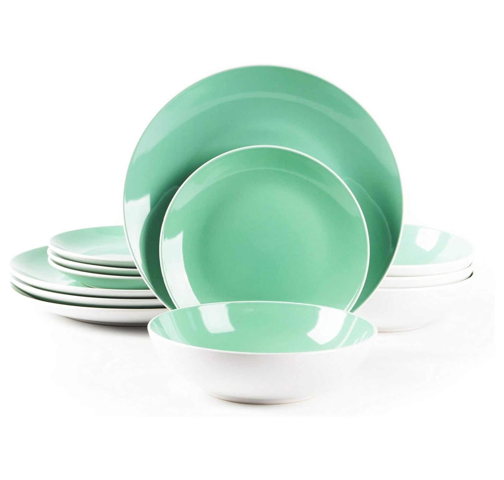 Stoneware Coupe Shape 12pc Dinnerware Set, Outside White + Inside Teal ...