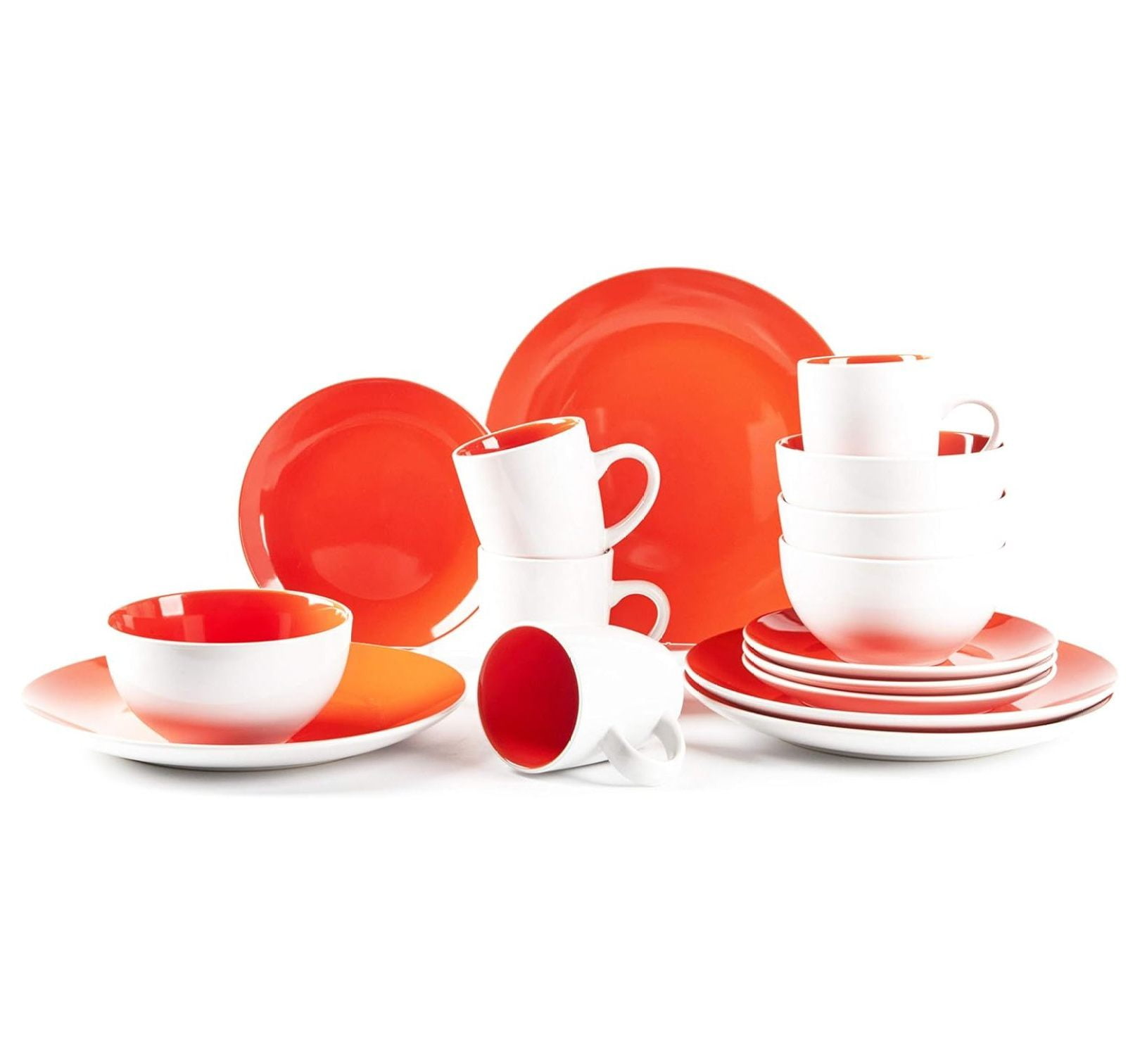Stoneware Coupe Shape 16pc Dinnerware Set, Outside White + Inside Coral ...