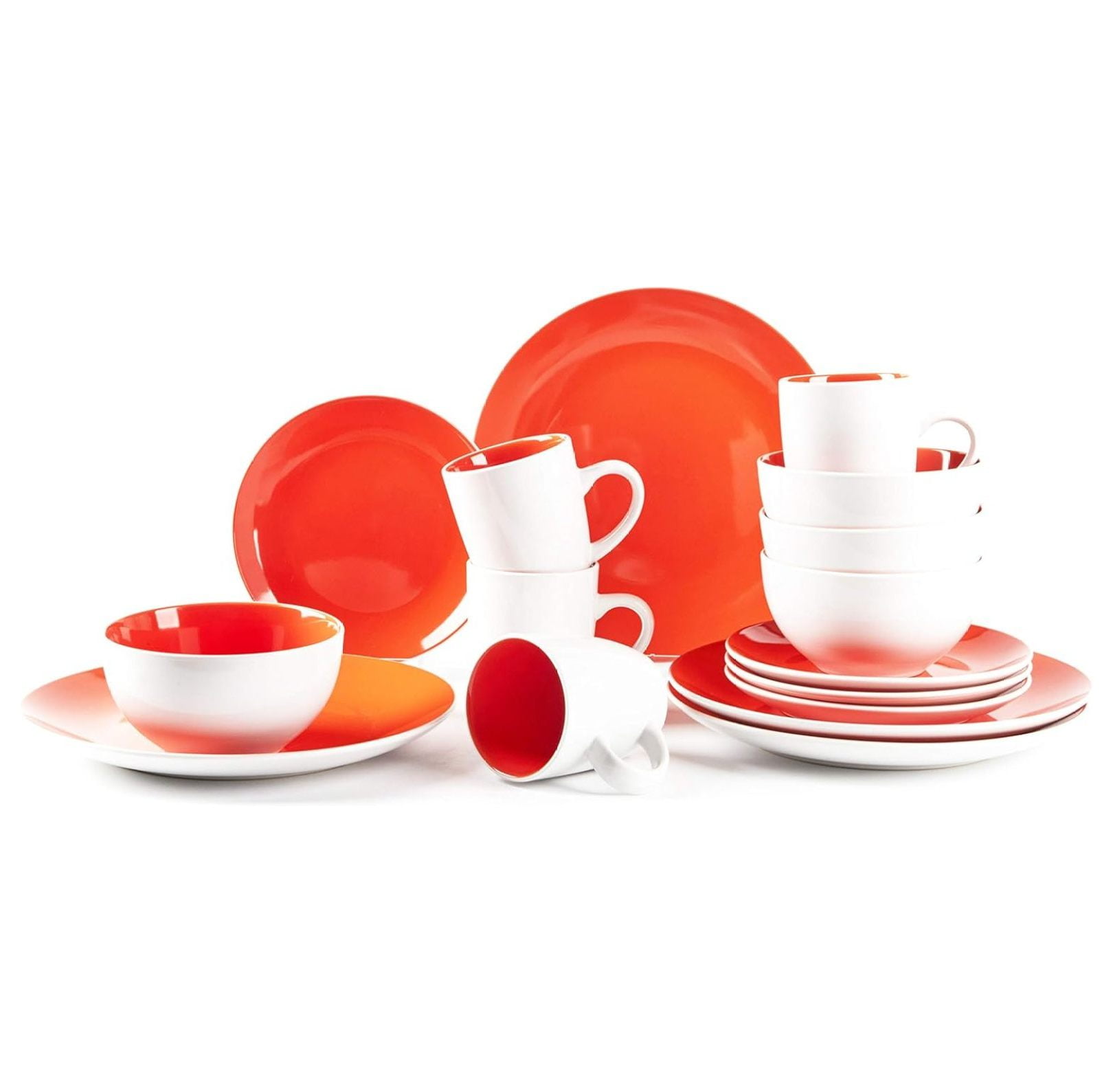 Stoneware Coupe Shape 16pc Dinnerware Set, Outside White + Inside Coral ...
