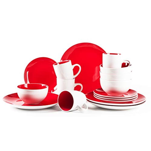 Stoneware Coupe Shape 16pc Dinnerware Set, Outside White + Inside Red ...