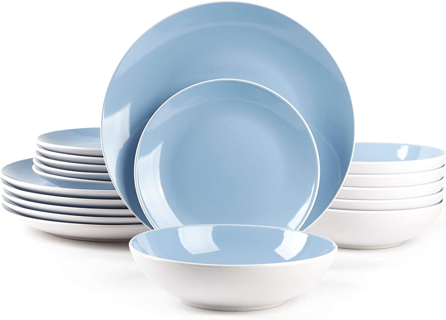 Stoneware Coupe Shape 18pc Dinnerware Set, Outside White + Inside Blue ...