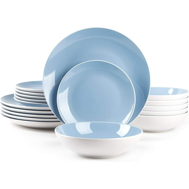 Stoneware Coupe Shape 18pc Dinnerware Set, Outside White + Inside Blue ...