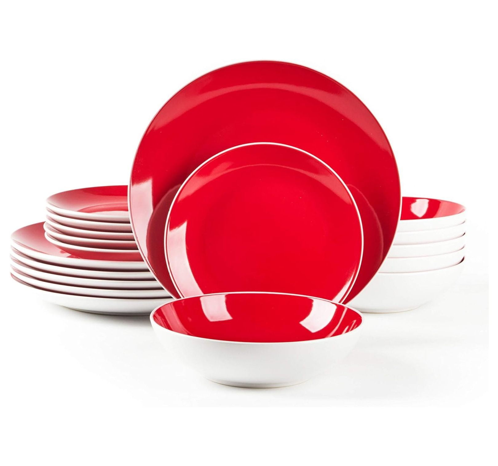 Stoneware Coupe Shape 18pc Dinnerware Set, Outside White + Inside Red ...