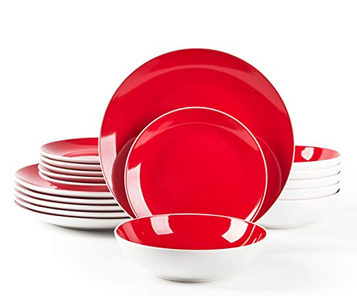 Stoneware Coupe Shape 18pc Dinnerware Set, Outside White + Inside Red ...