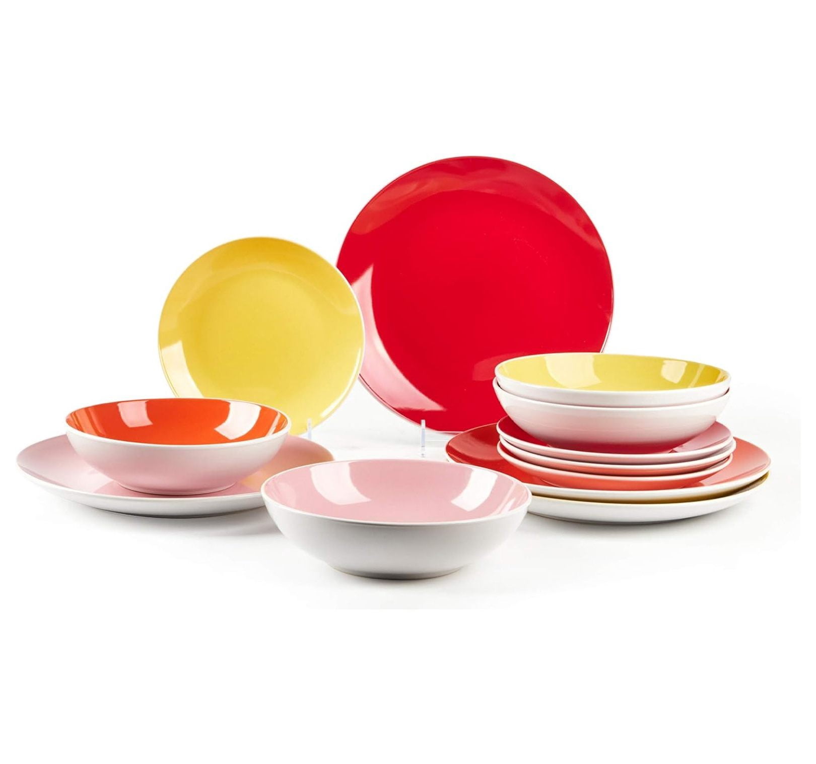 Stoneware Coupe Shape Dinnerware Set, Outside White + Inside (12pc Set ...
