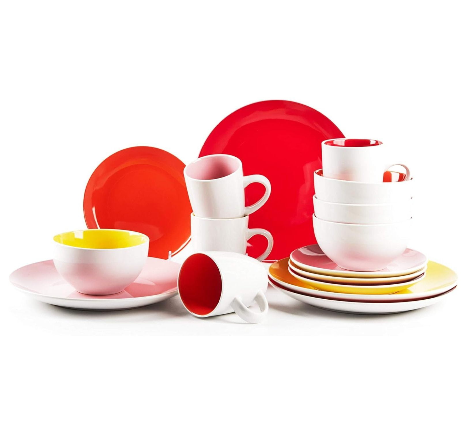 Stoneware Coupe Shape Dinnerware Set, Outside White + Inside (16pc Set ...