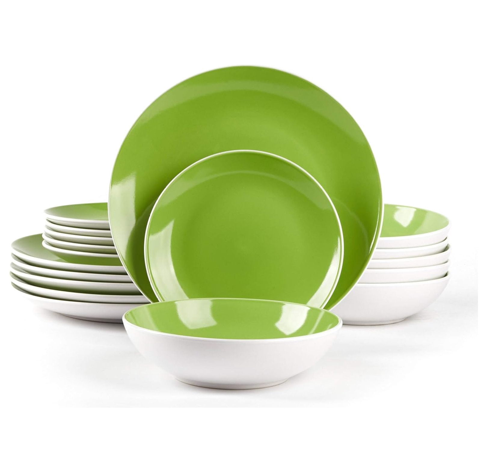 Stoneware Coupe Shape Dinnerware Set, Outside White + Inside Bamboo ...