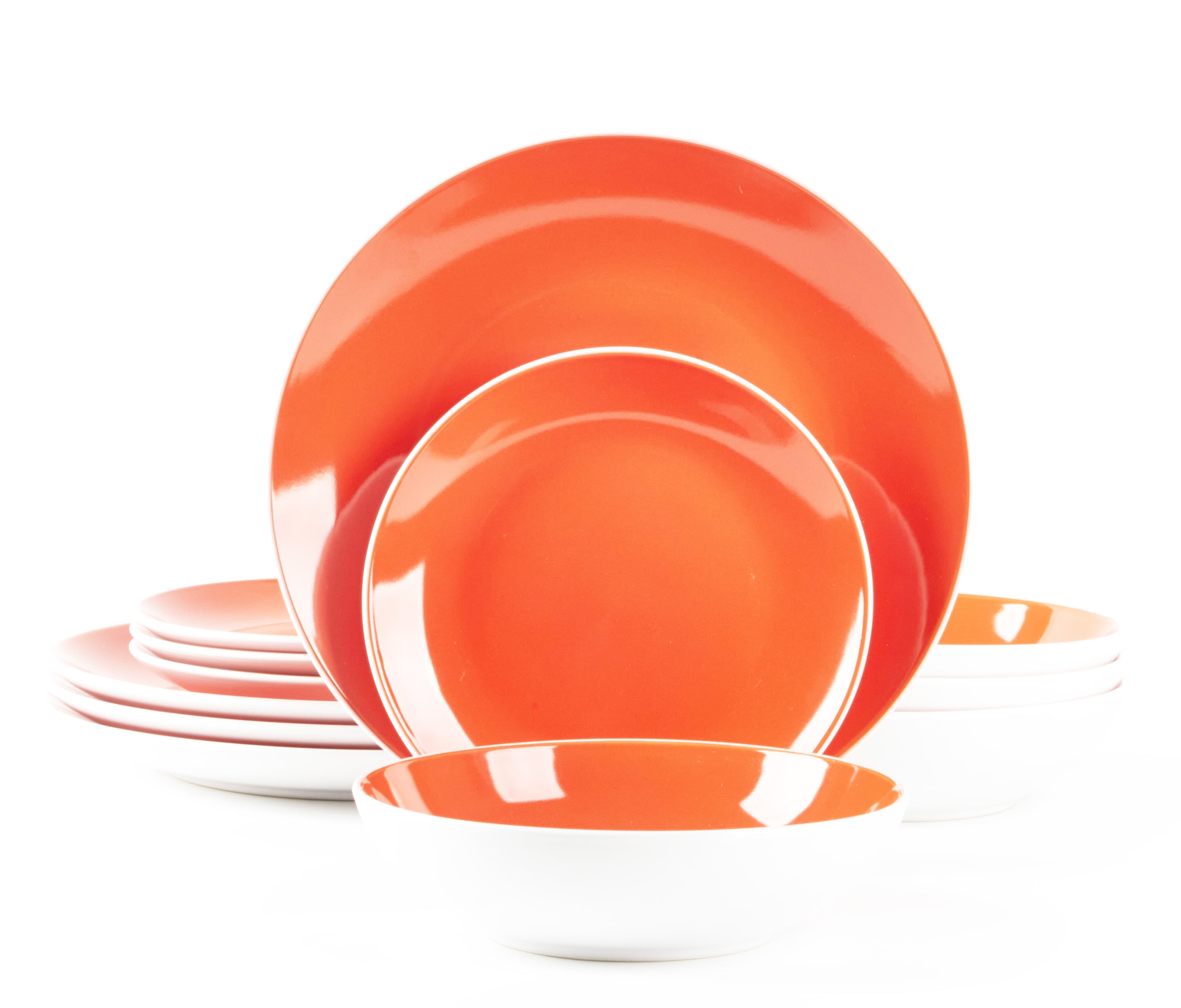 Stoneware Coupe Shape Dinnerware Set, Outside White + Inside Coral ...