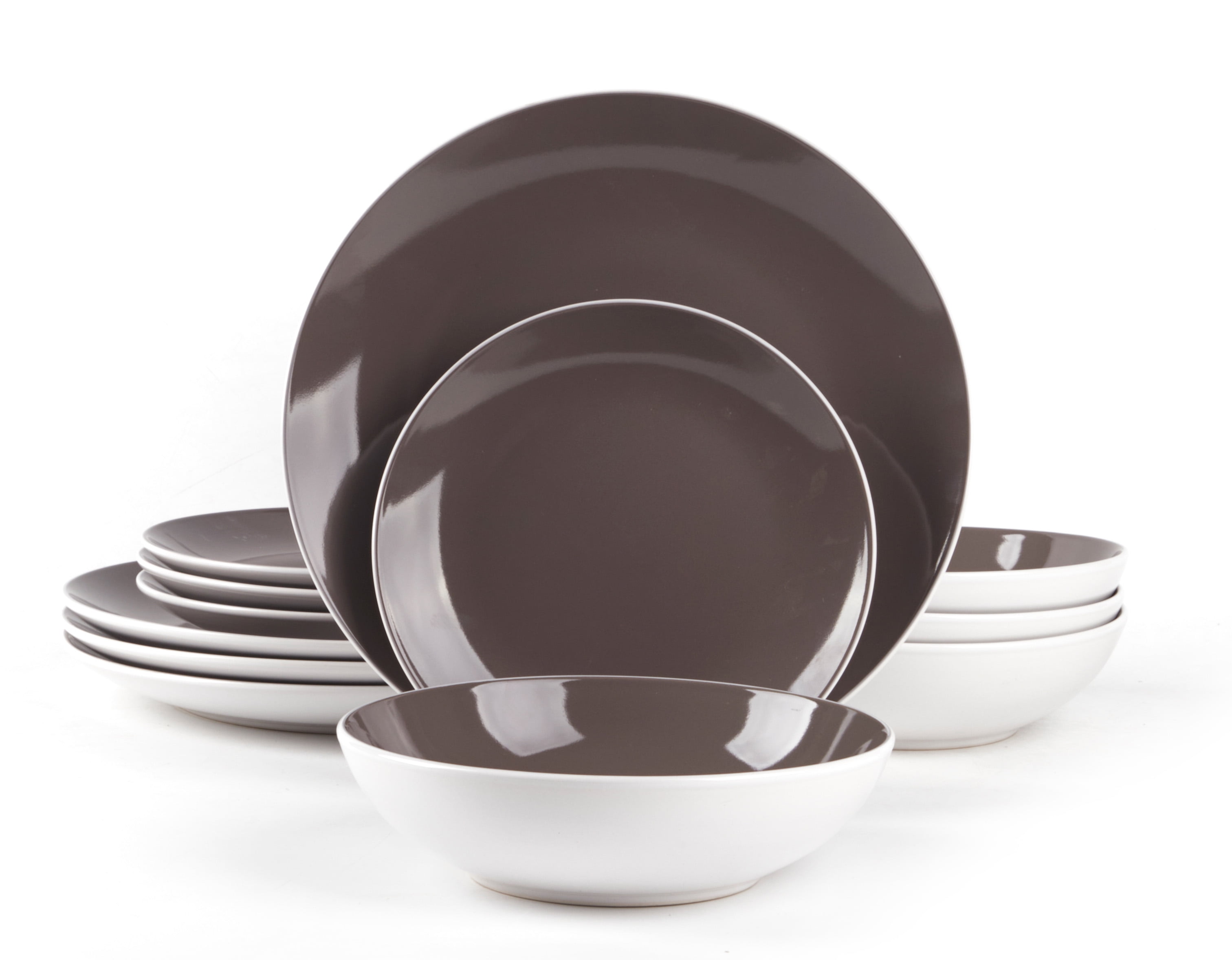 Stoneware Coupe Shape Dinnerware Set, Outside White + Inside Grey, 12pc ...