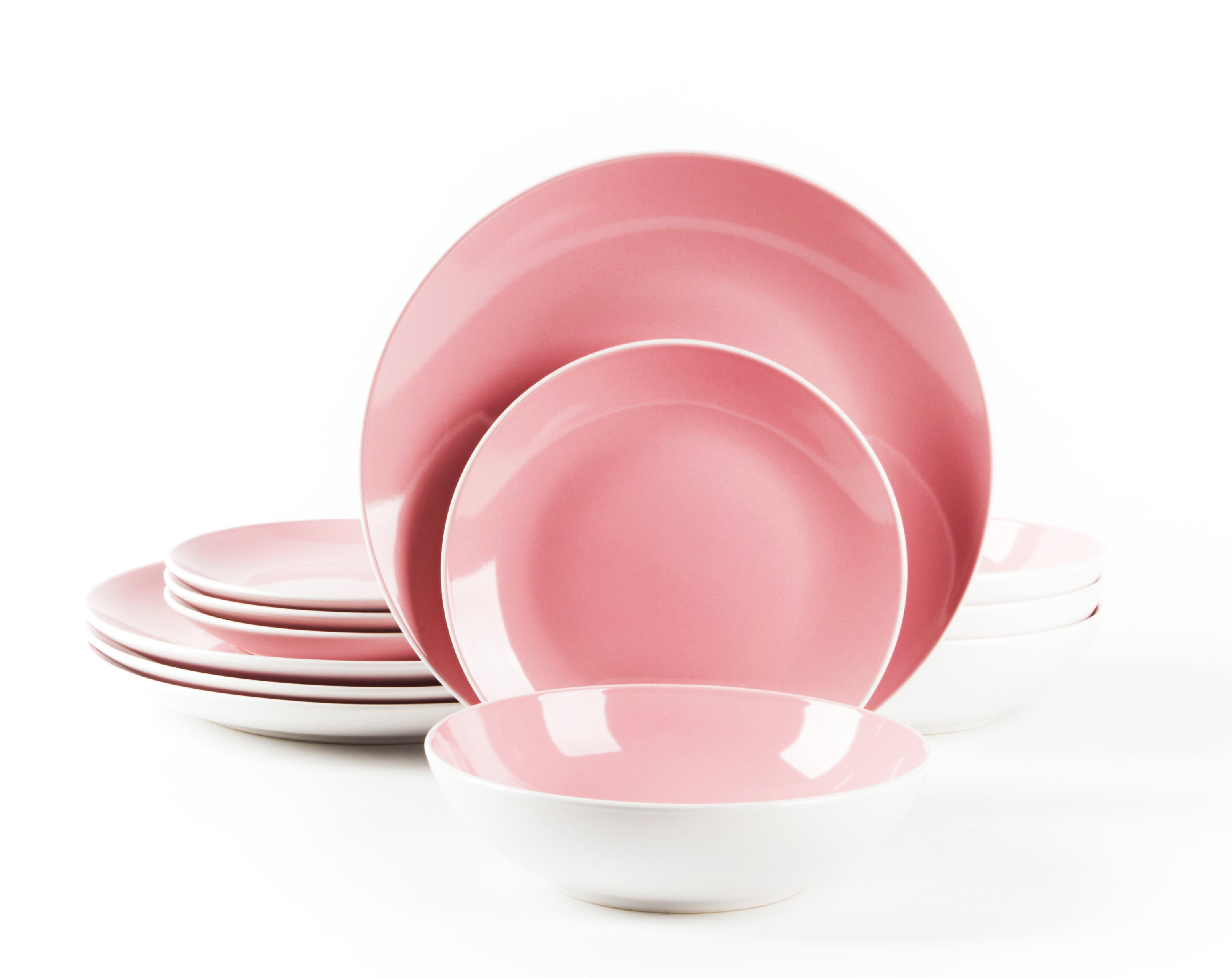 Stoneware Coupe Shape Dinnerware Set, Outside White + Inside Pink, 12pc ...