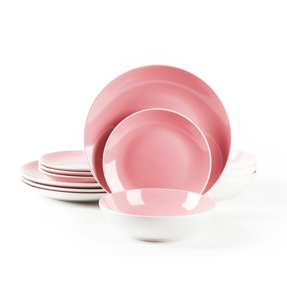 Stoneware Coupe Shape Dinnerware Set, Outside White + Inside Pink, 12pc ...