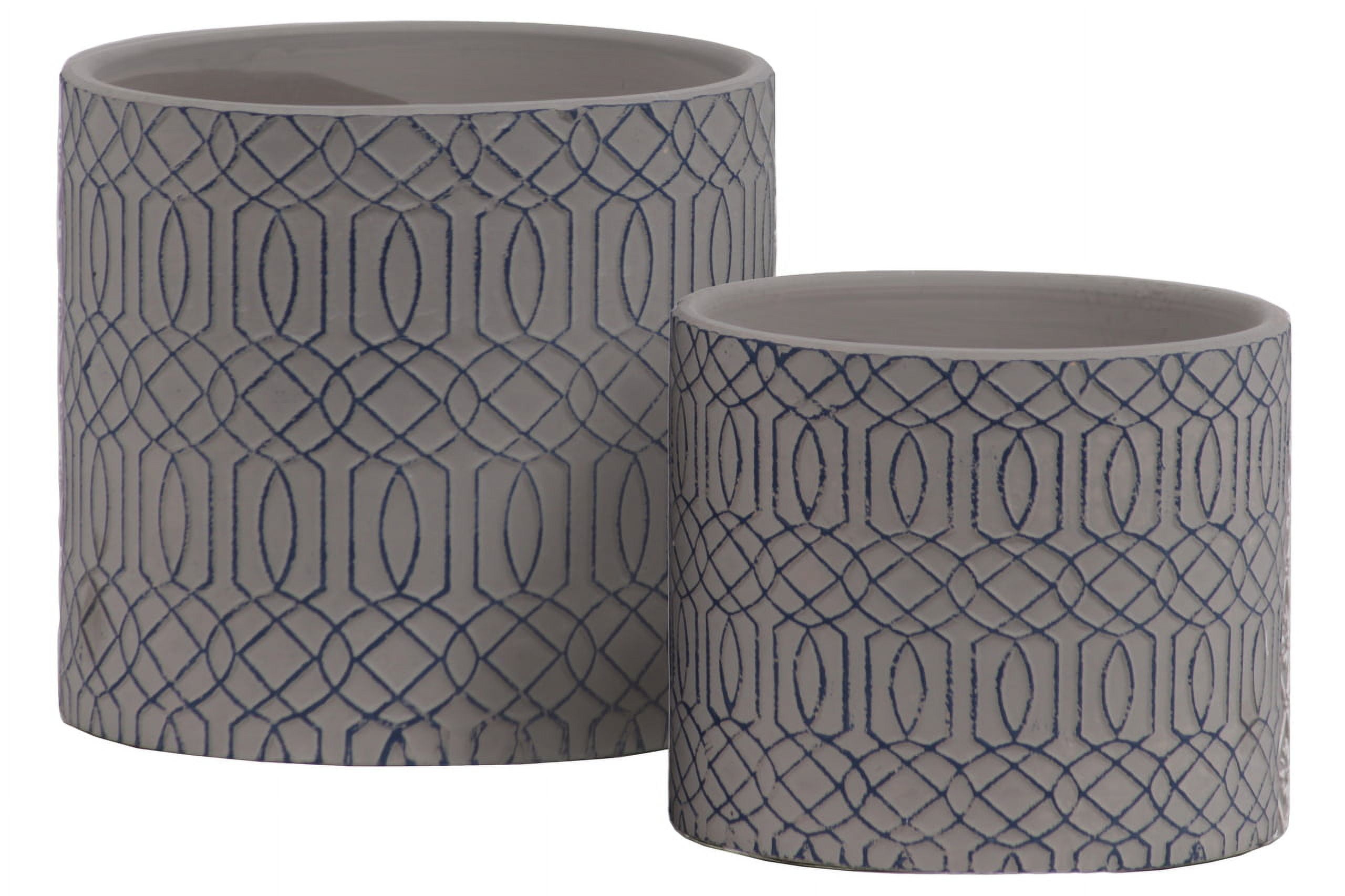 Stoneware Cylindrical Embossed Lattice Concentric Design Pot, Set of 2 ...