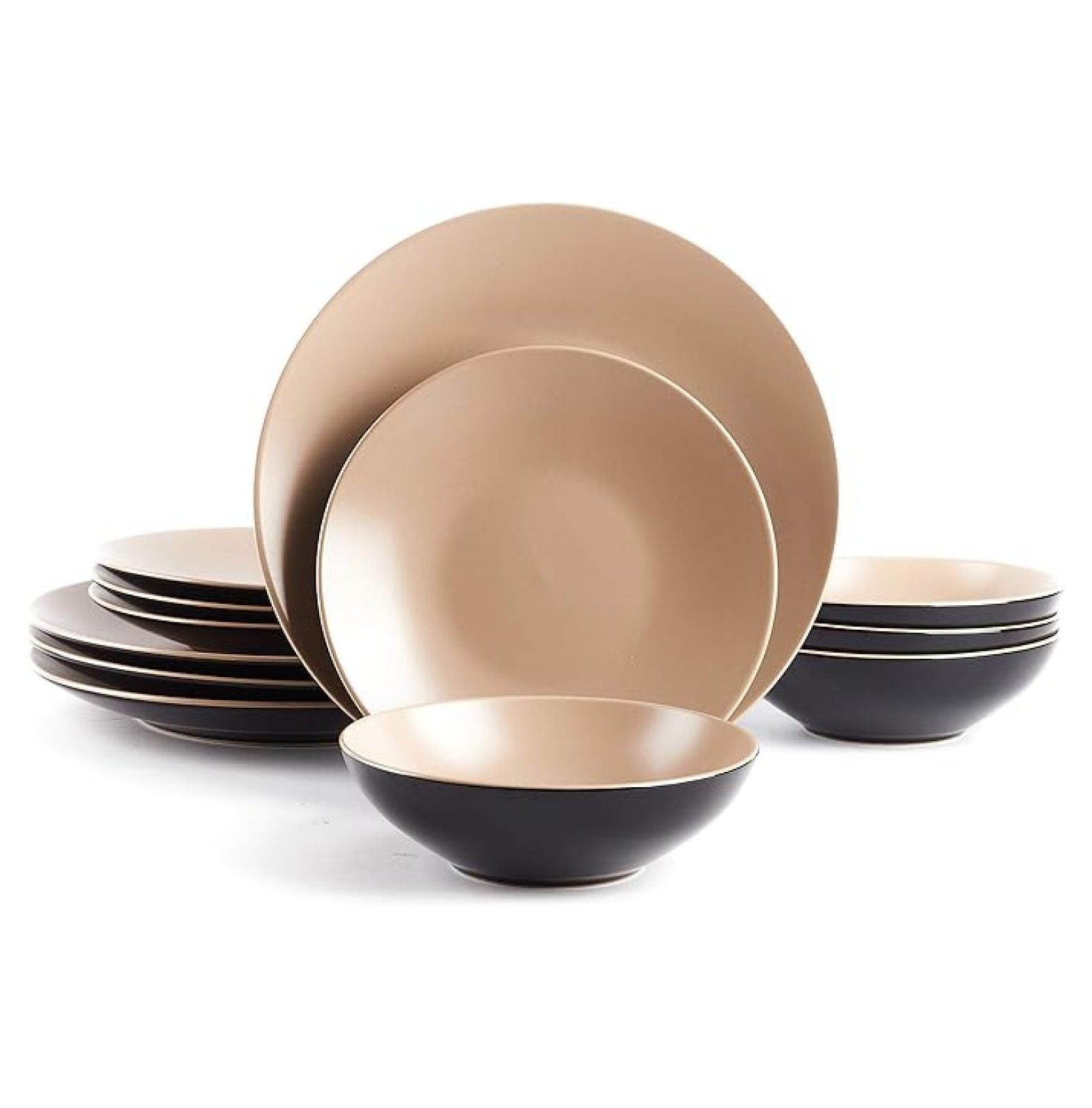 Stoneware Dinnerware Set, 12pc Two-Tone Black & Beige - Coupe Shape ...