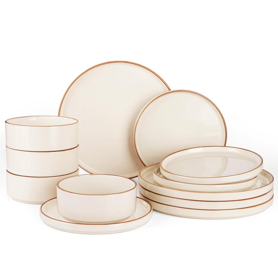Stoneware Dinnerware Set, Vanilla White with Brown Rim, Service for 4 ...