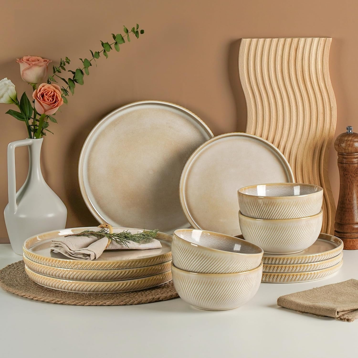 Stoneware Dinnerware Sets for 4, 12-Piece Scratch Resistant Plates and ...