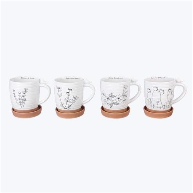 Stoneware Planter Mug with Coaster Bottom Tray, 4 Assorted Color ...