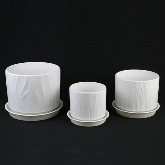 Stoneware Round Planter Set of 3 with Drainage Holes, White Textured ...
