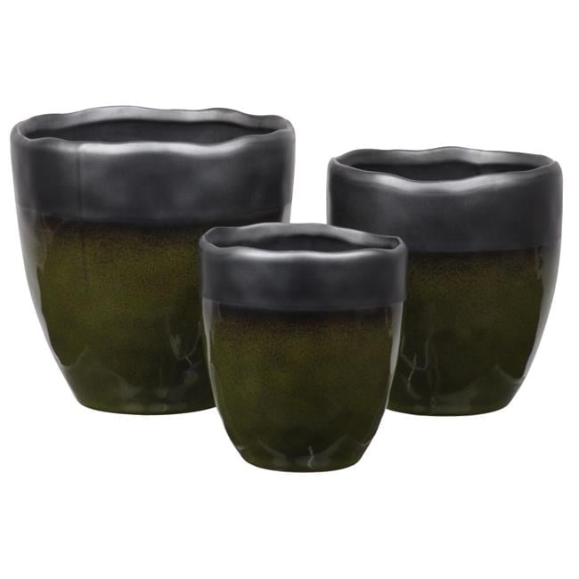 Stoneware Round Pot with Irregular Rim Mouth, Black Banded Top, Speckle ...