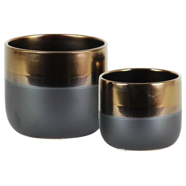 Stoneware Round Pot with Tapered Bottom & Gded Rim Bottom, Gloss & Gold ...