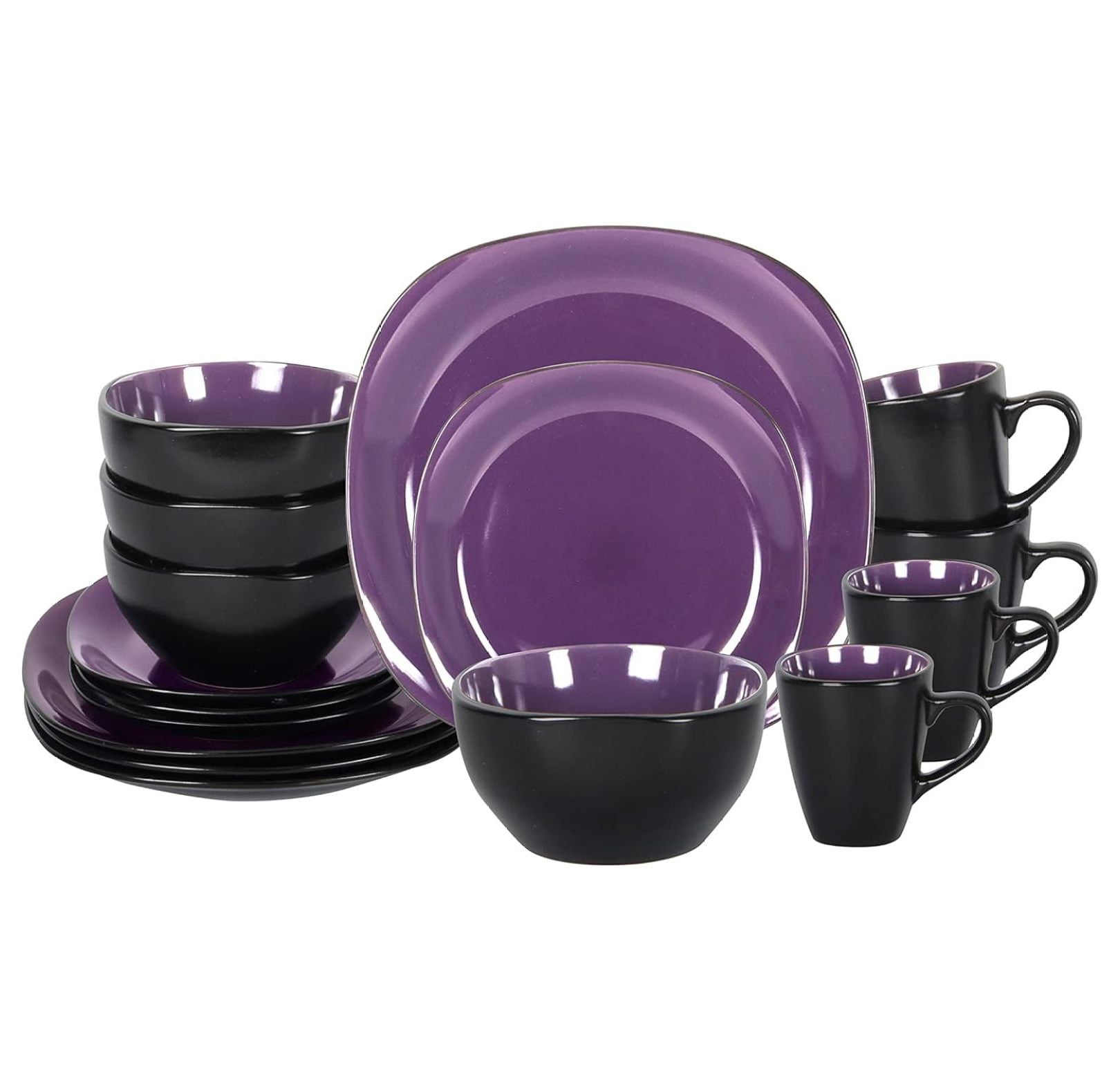 Stoneware Square 16pc Dinnerware Set, Inside Shiny Purple and Outside ...
