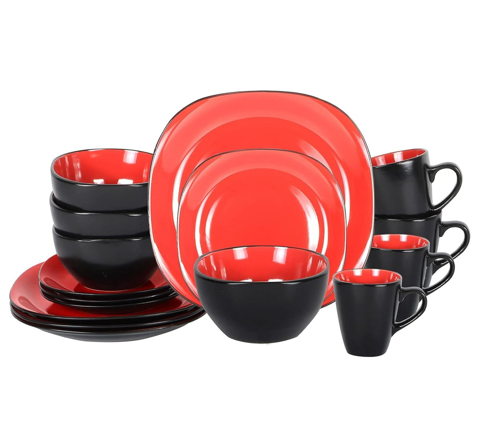 Stoneware Square 16pc Dinnerware Set, Inside Shiny Red + Outside Matte ...