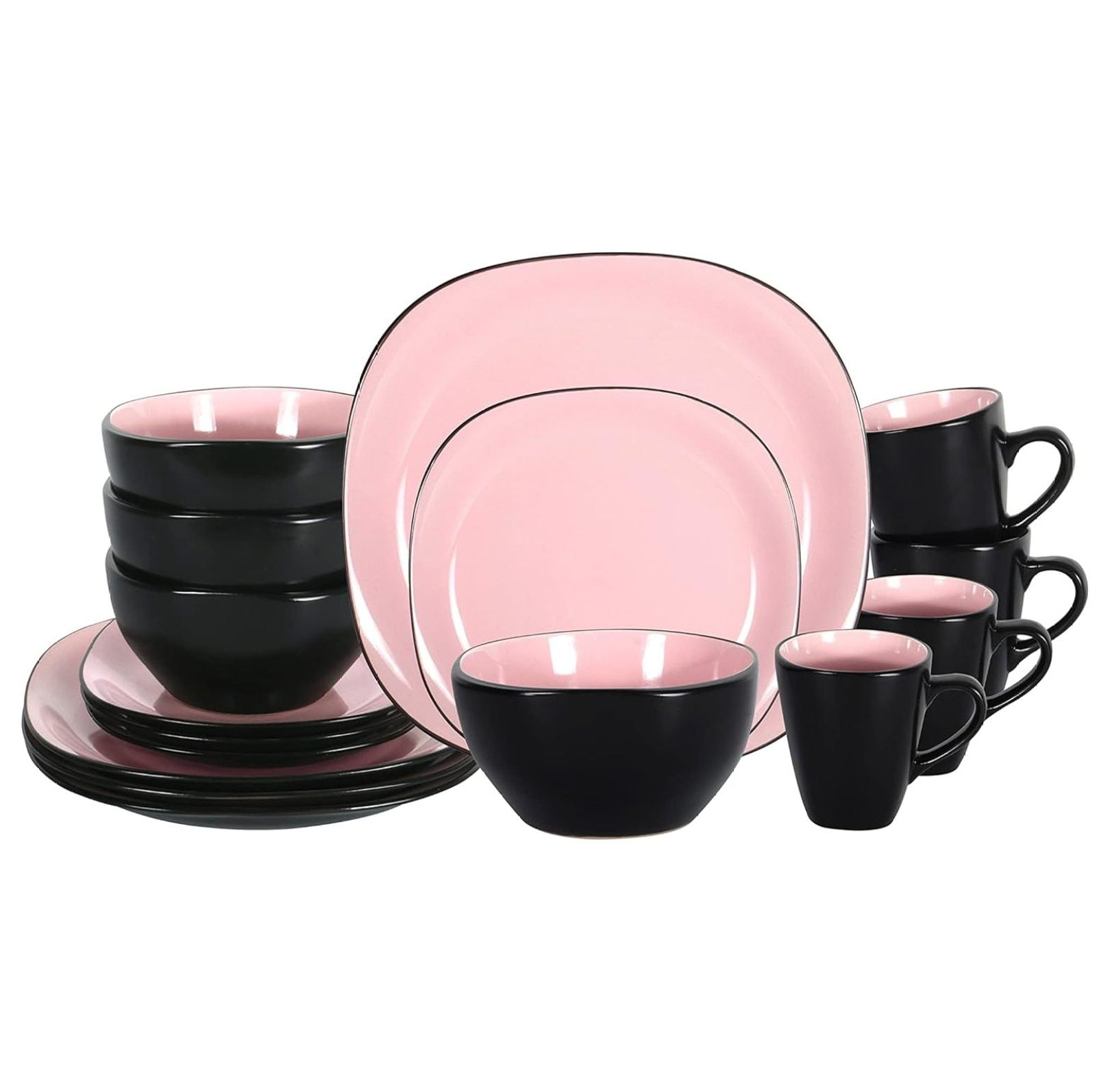 Stoneware Square 16pc Dinnerware Set, Inside Shiny Rose + Outside Matte ...