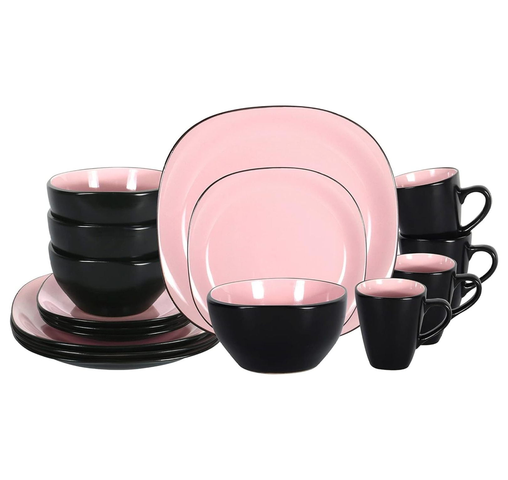 Stoneware Square 16pc Dinnerware Set, Inside Shiny Rose + Outside Matte ...
