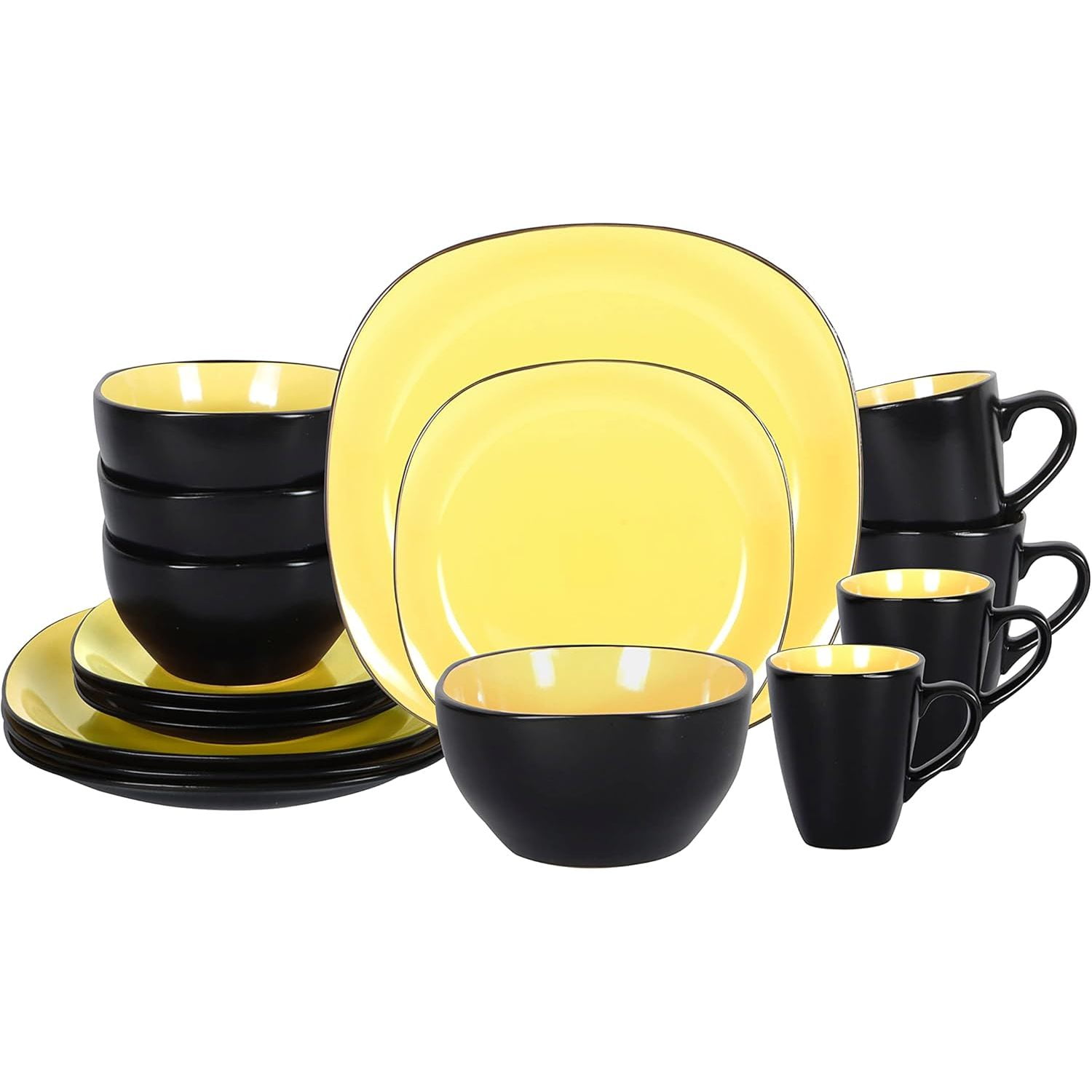 Stoneware Square 16pc Dinnerware Set, Inside Shiny Yellow + Outside ...