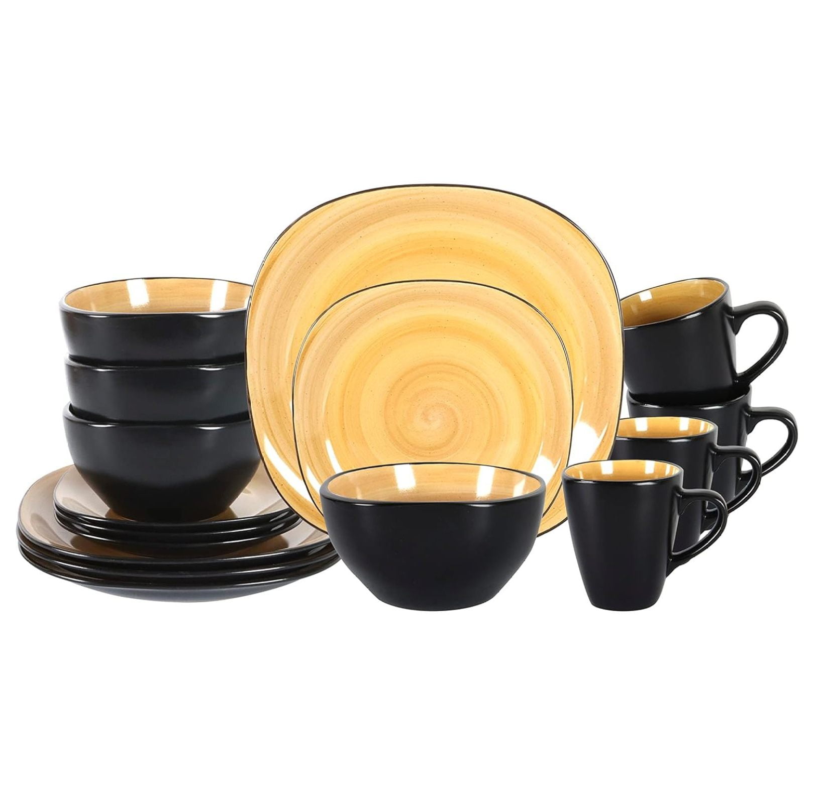 Stoneware Square 16pc Dinnerware Set, Inside Spinwash Swirl Yellow ...