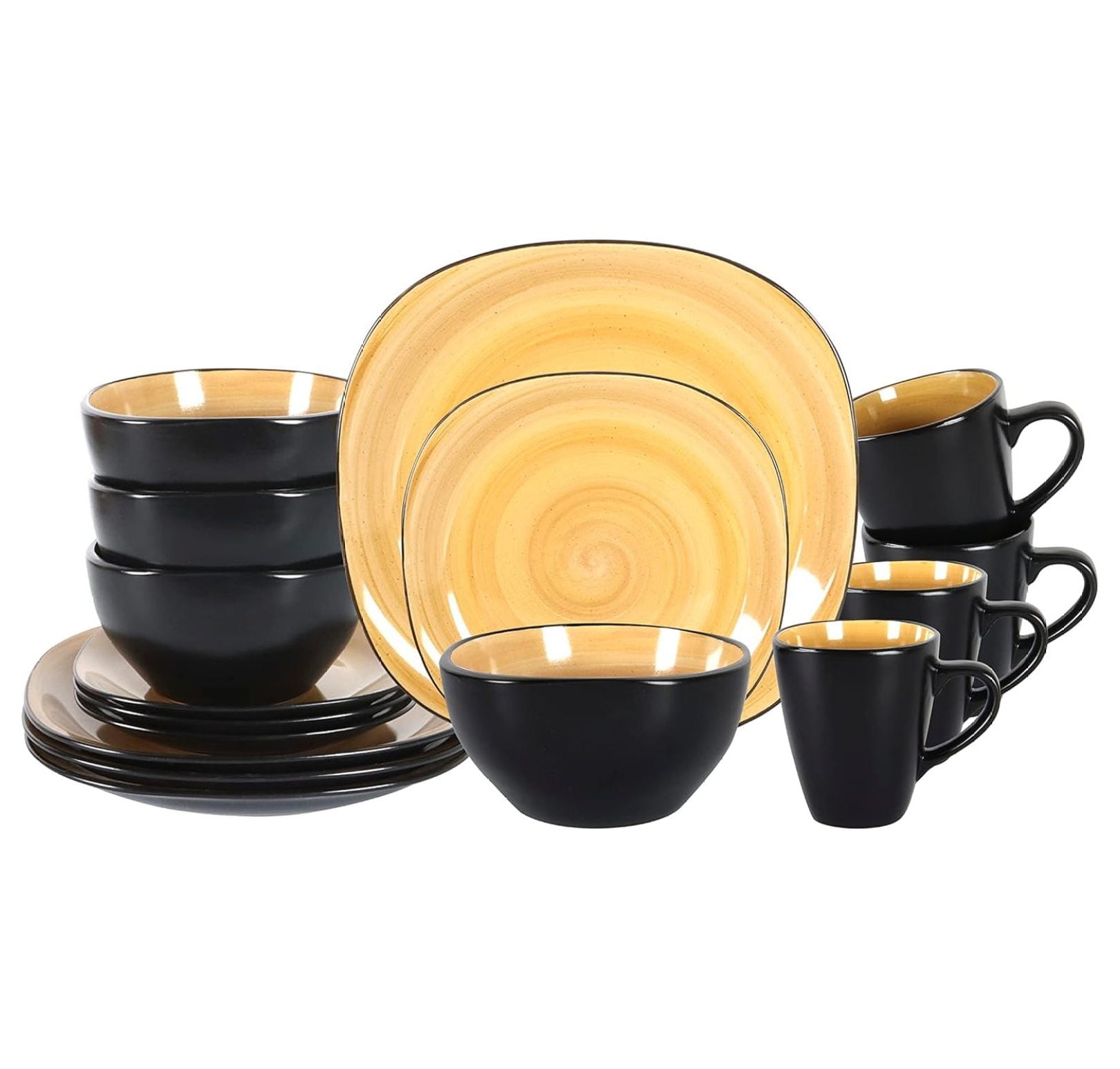 Stoneware Square 16pc Dinnerware Set, Inside Spinwash Swirl Yellow ...