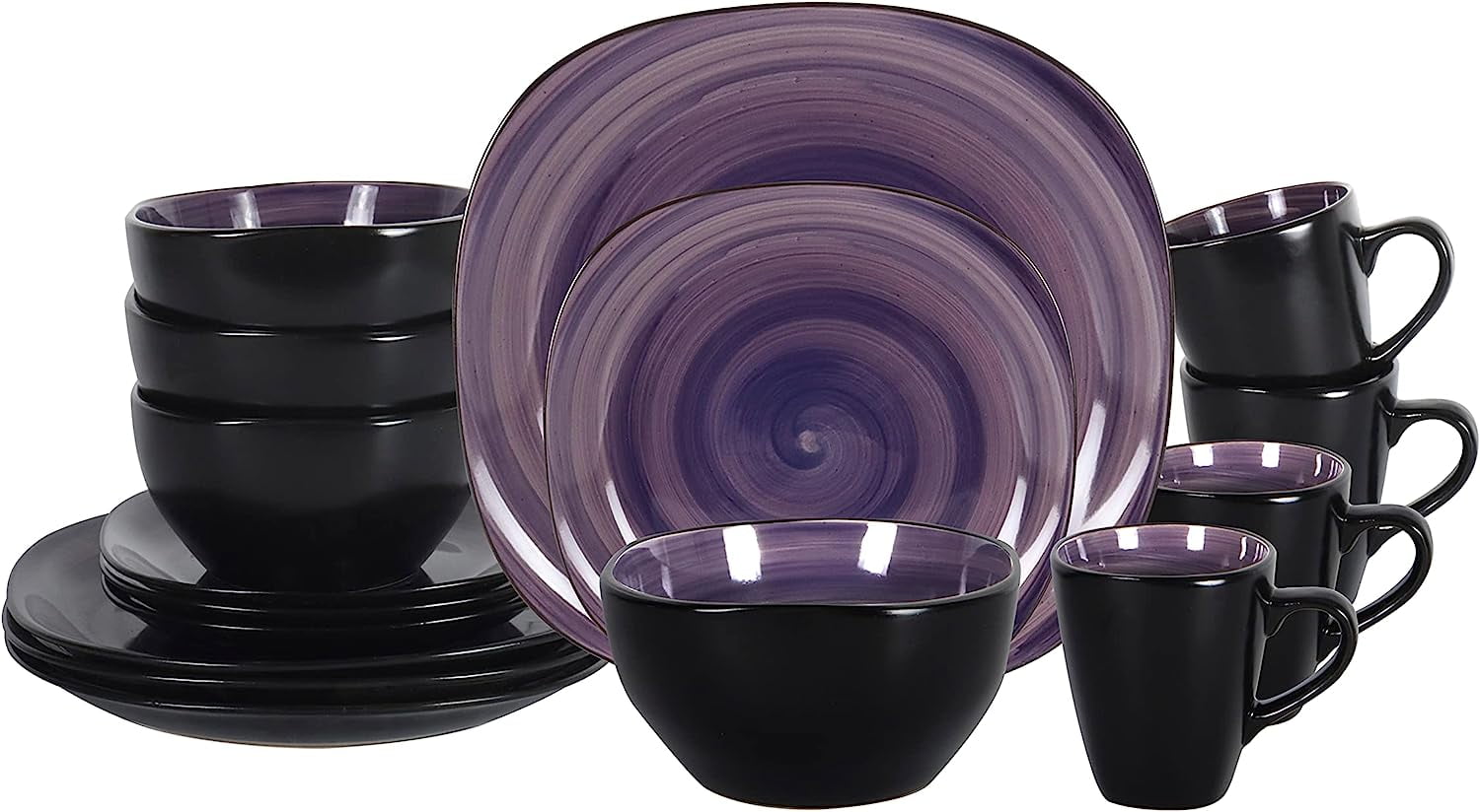 Stoneware Square 16pc Dinnerware Set, Inside Swirl Purple+ Outside ...