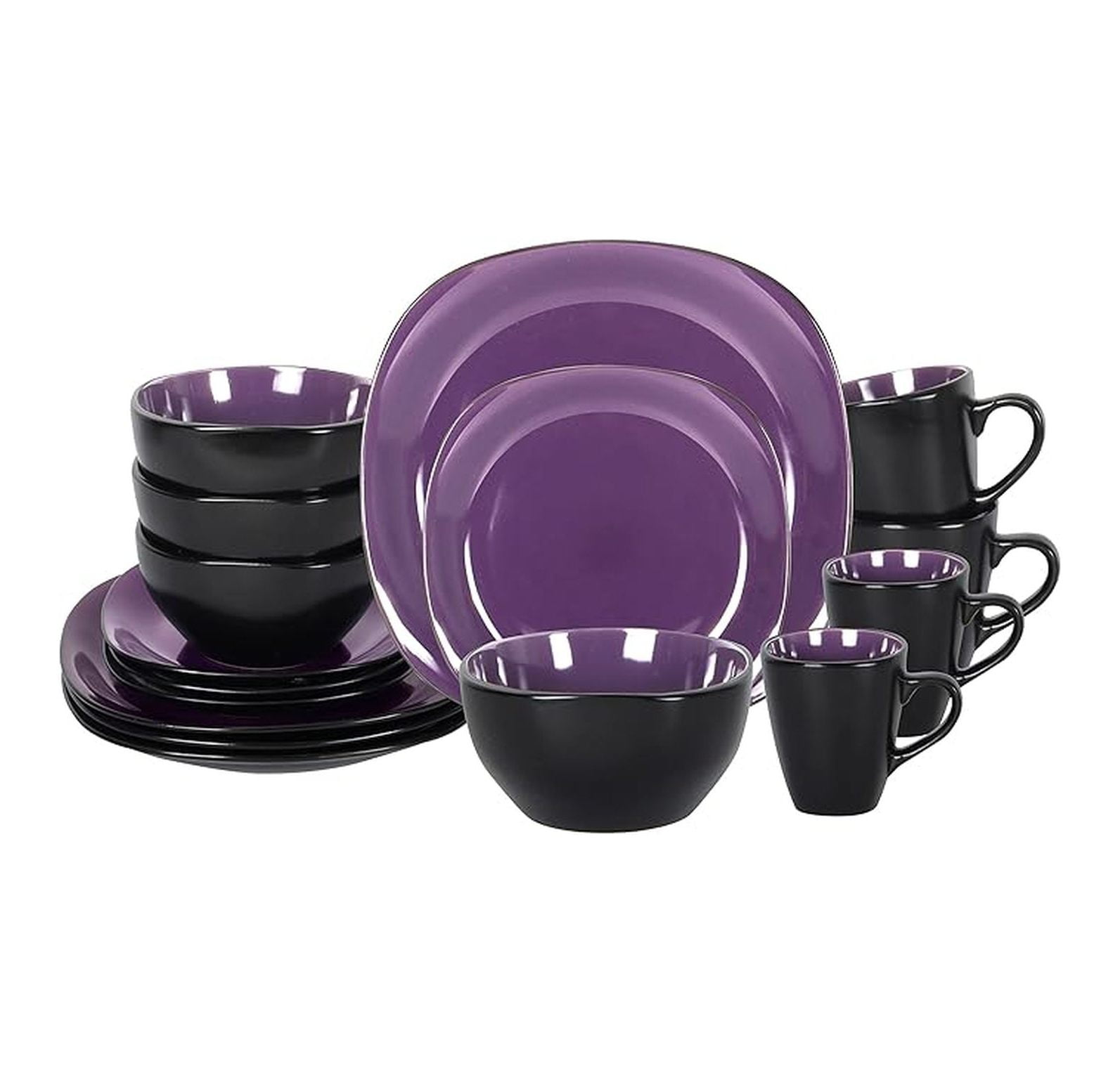 Stoneware Square 16pc Dinnerware Set - Service for 4, Shiny Interior & Matte Black Exterior ...