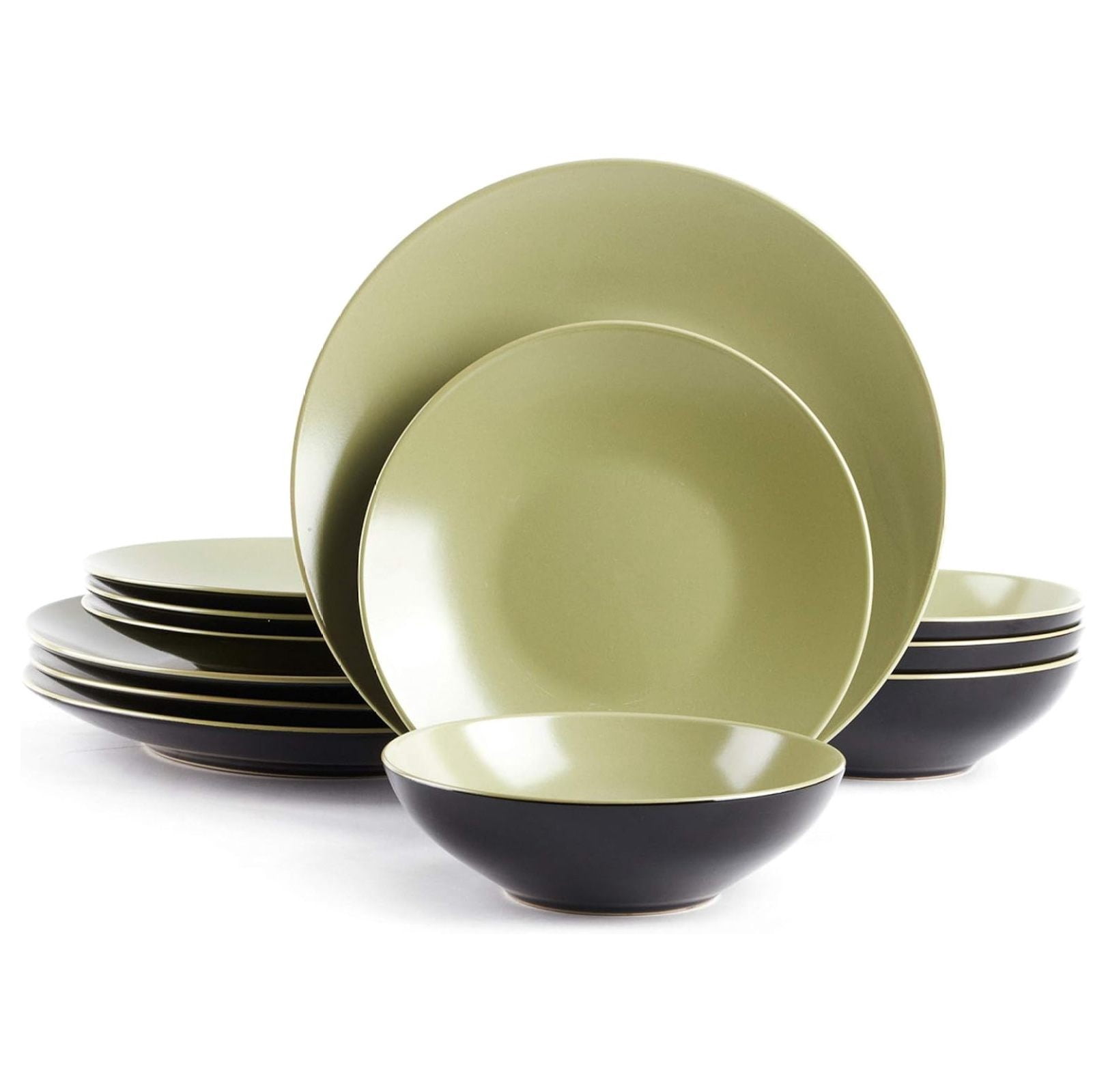 Stoneware Two-Tone Colors Life 12pc Dinner Set， Outside Shiny Black ...