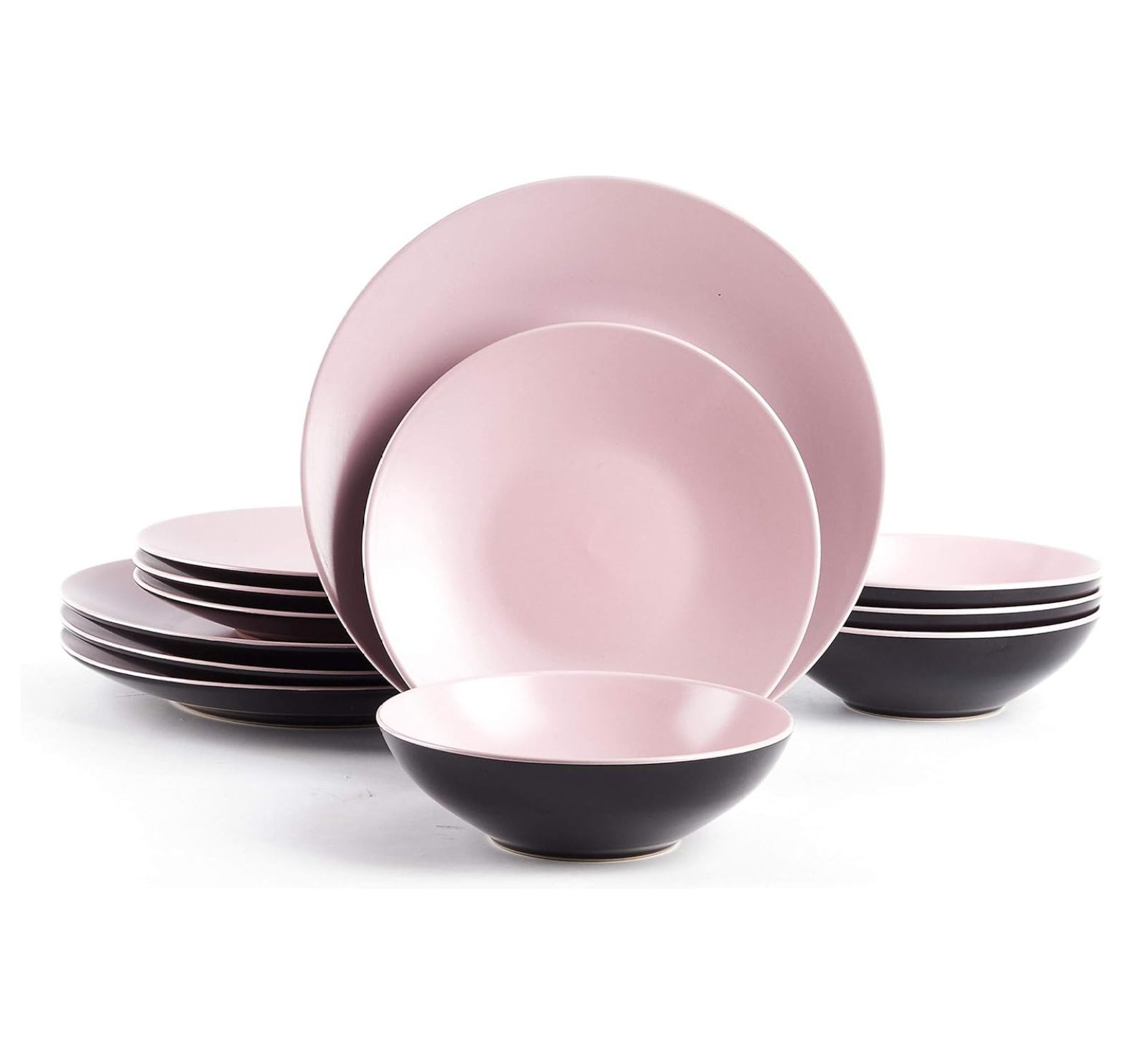 Stoneware Two-Tone Colors Life 12pc Dinner Set，Outside Shiny Black ...