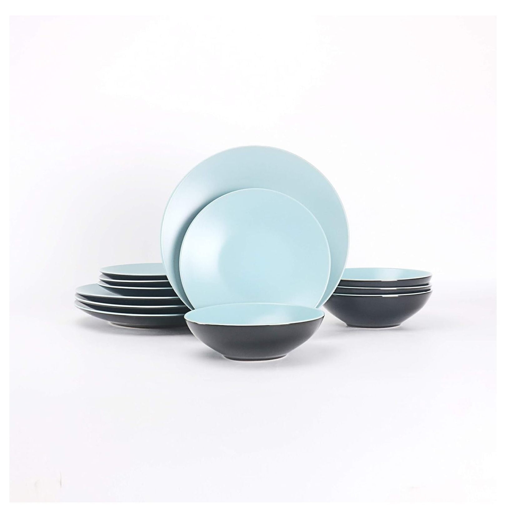 Stoneware Two-Tone Colors Life 12pc Dinner Set, Outside Shiny Black ...