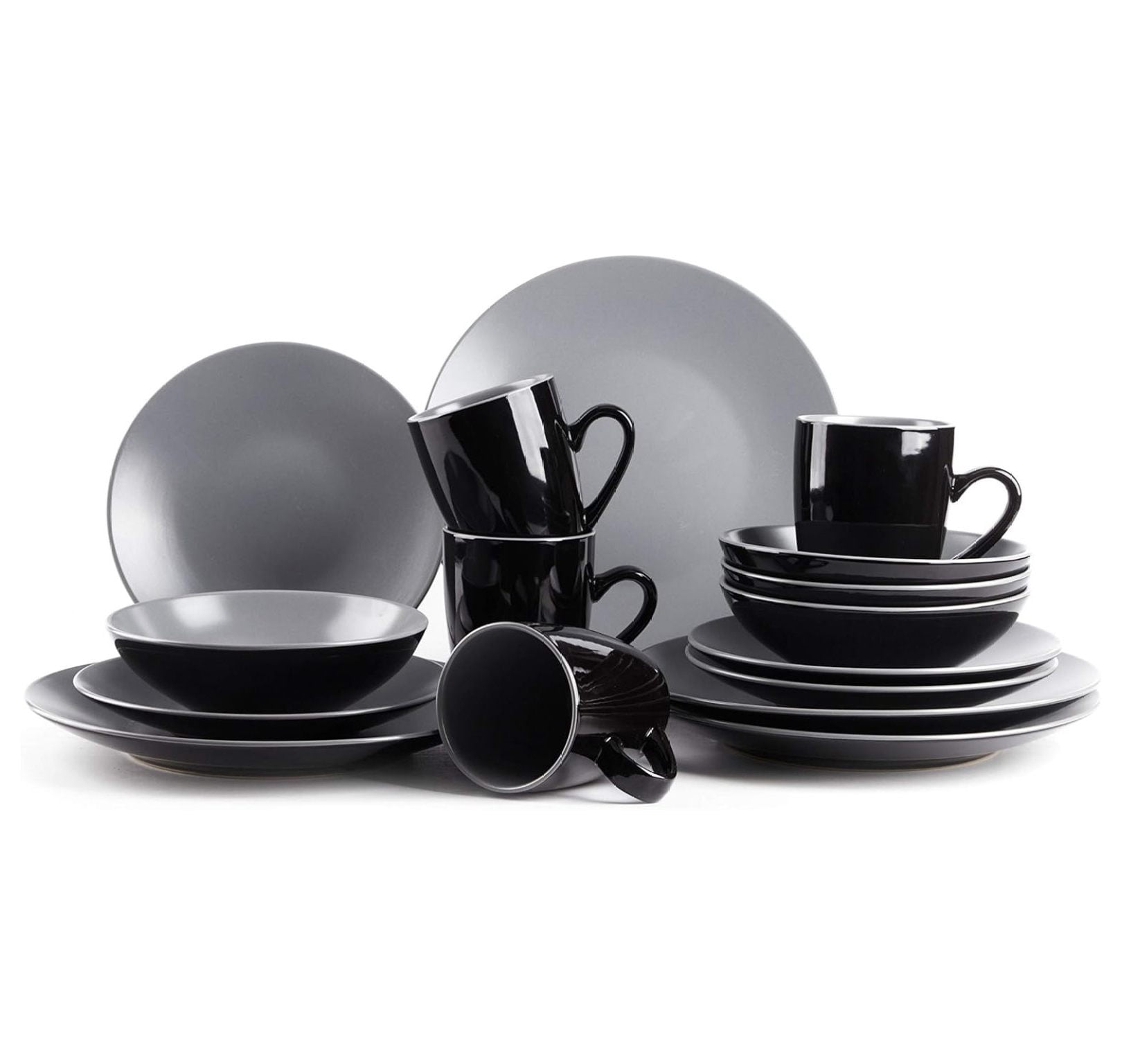 Stoneware Two-Tone Colors Life 16pc Dinner Set, Outside Shiny Black ...