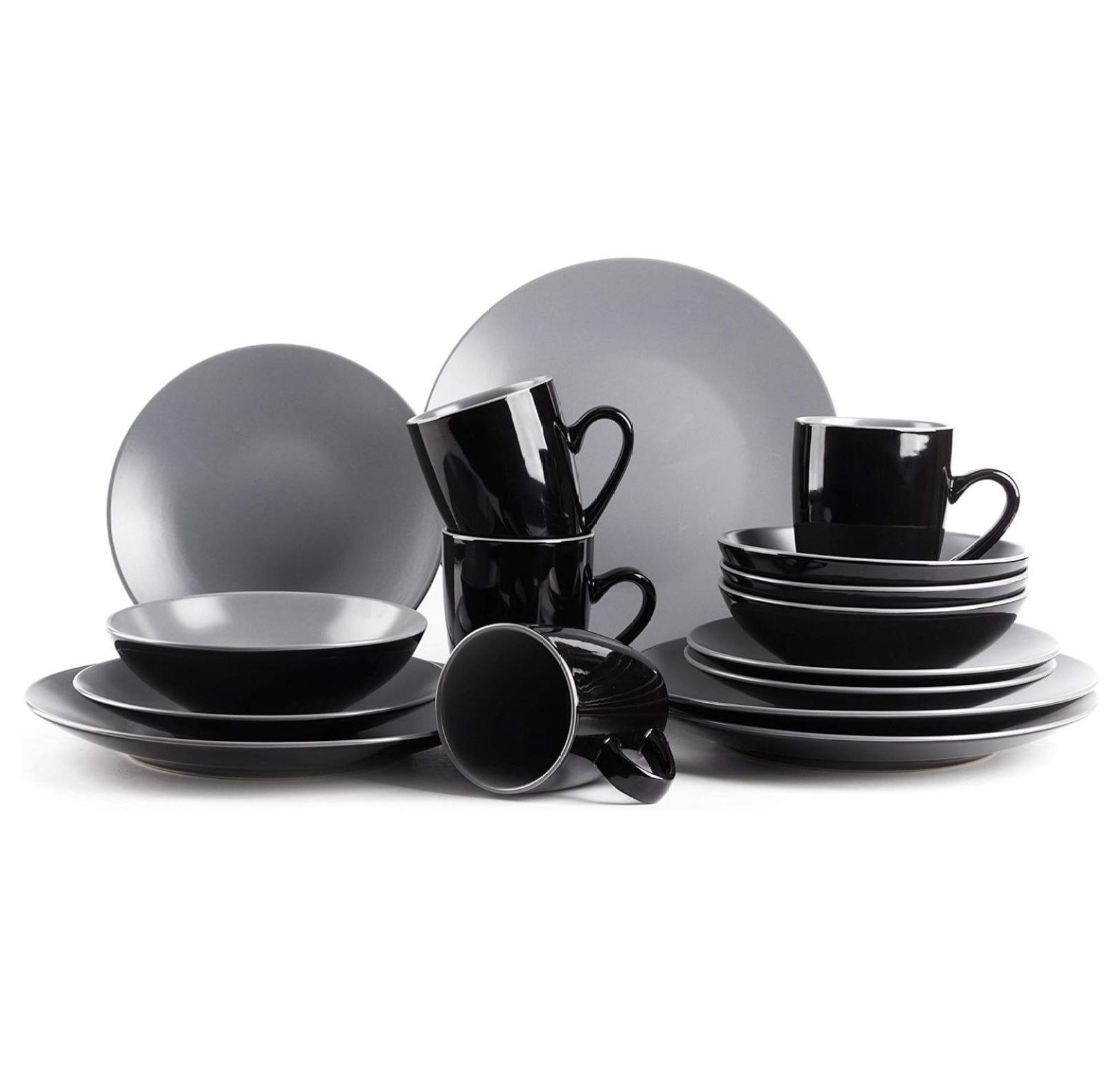 Stoneware Two-Tone Colors Life 16pc Dinner Set, Outside Shiny Black + Insdie Matte Glaze Light ...