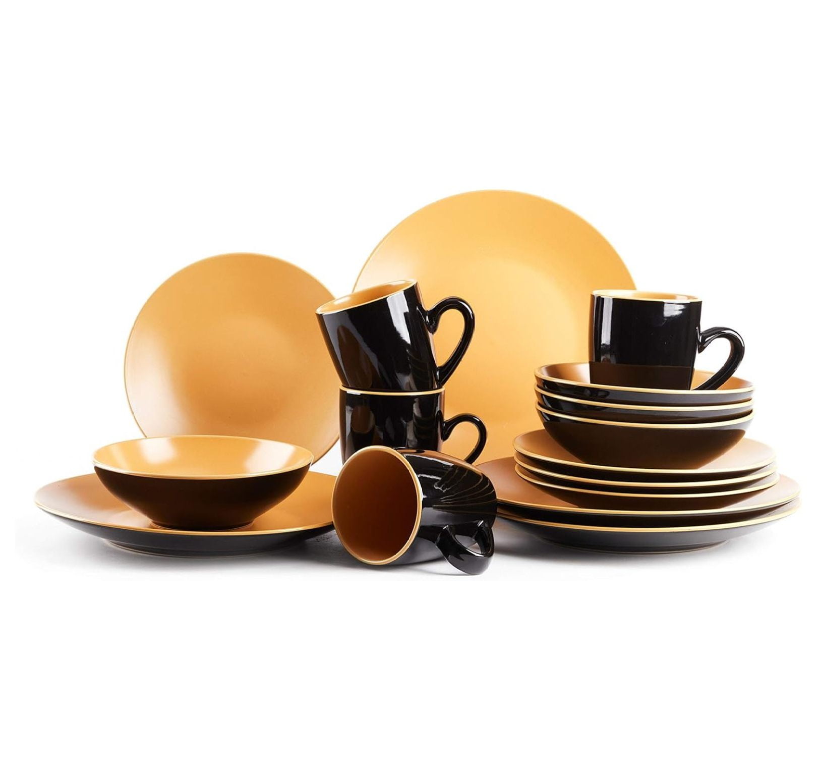 Stoneware Two-Tone Colors Life 16pc Dinner Set，Outside Shiny Black + Inside Matte Glaze Curry ...