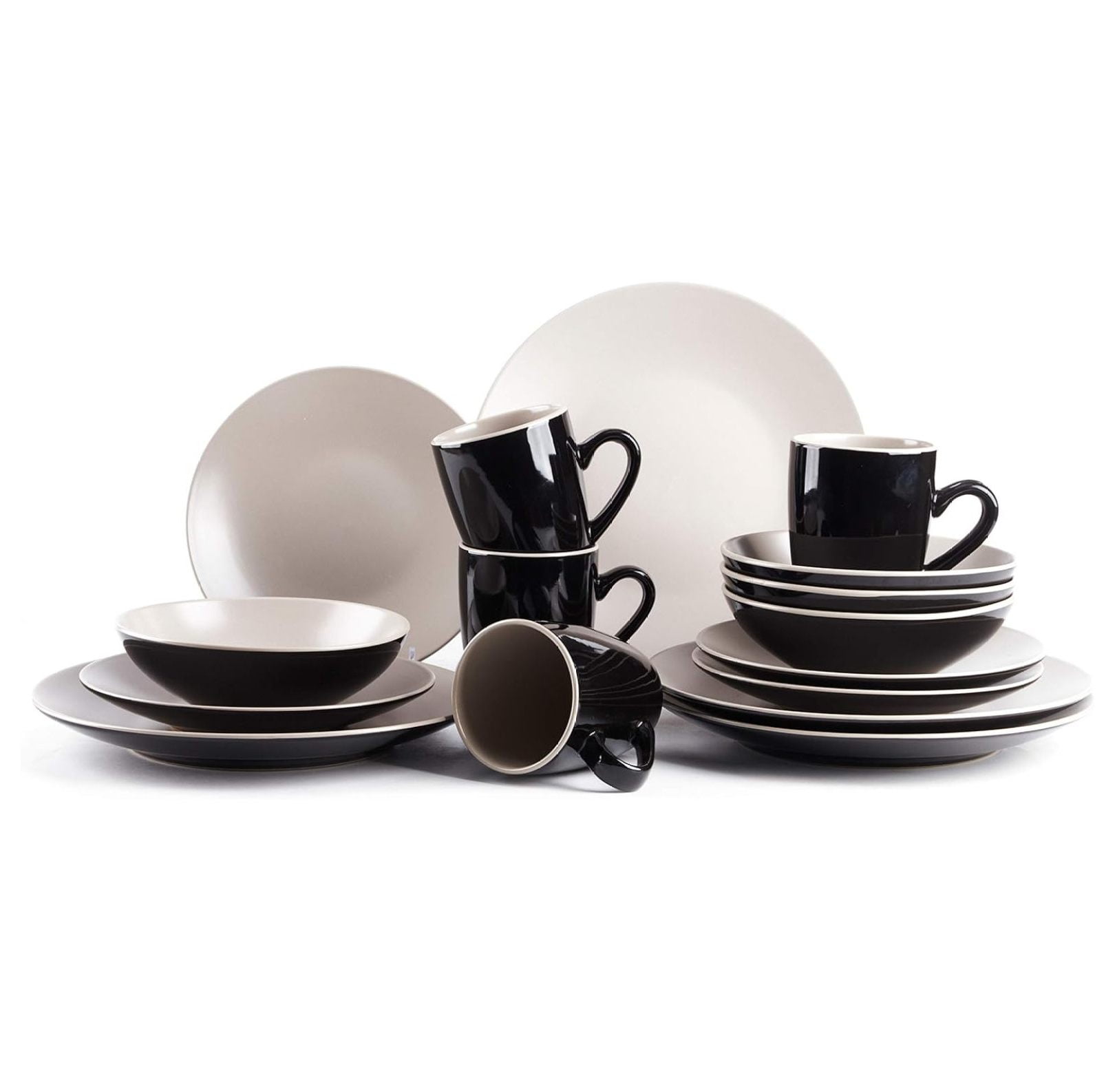 Stoneware Two-Tone Colors Life 16pc Dinner Set， Outside Shiny Black + Inside Matte Glaze Light ...